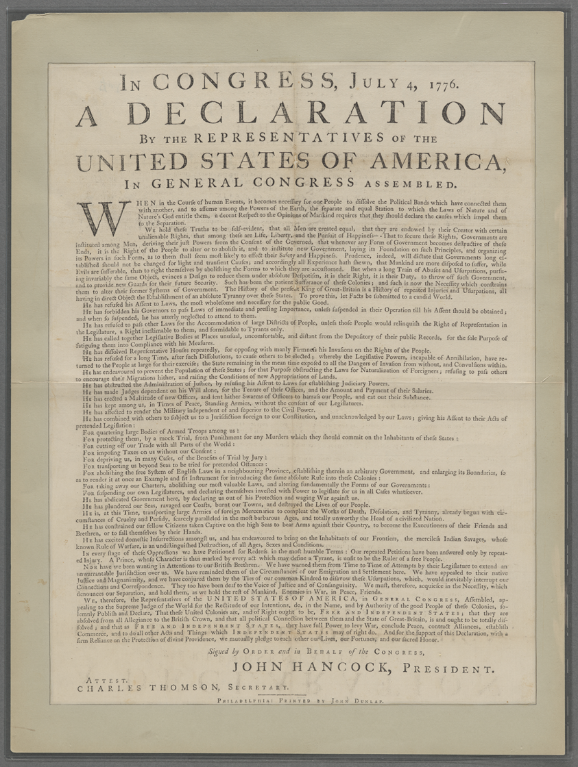 Dunlap Broadside of the Declaration of Independence | The New York ...